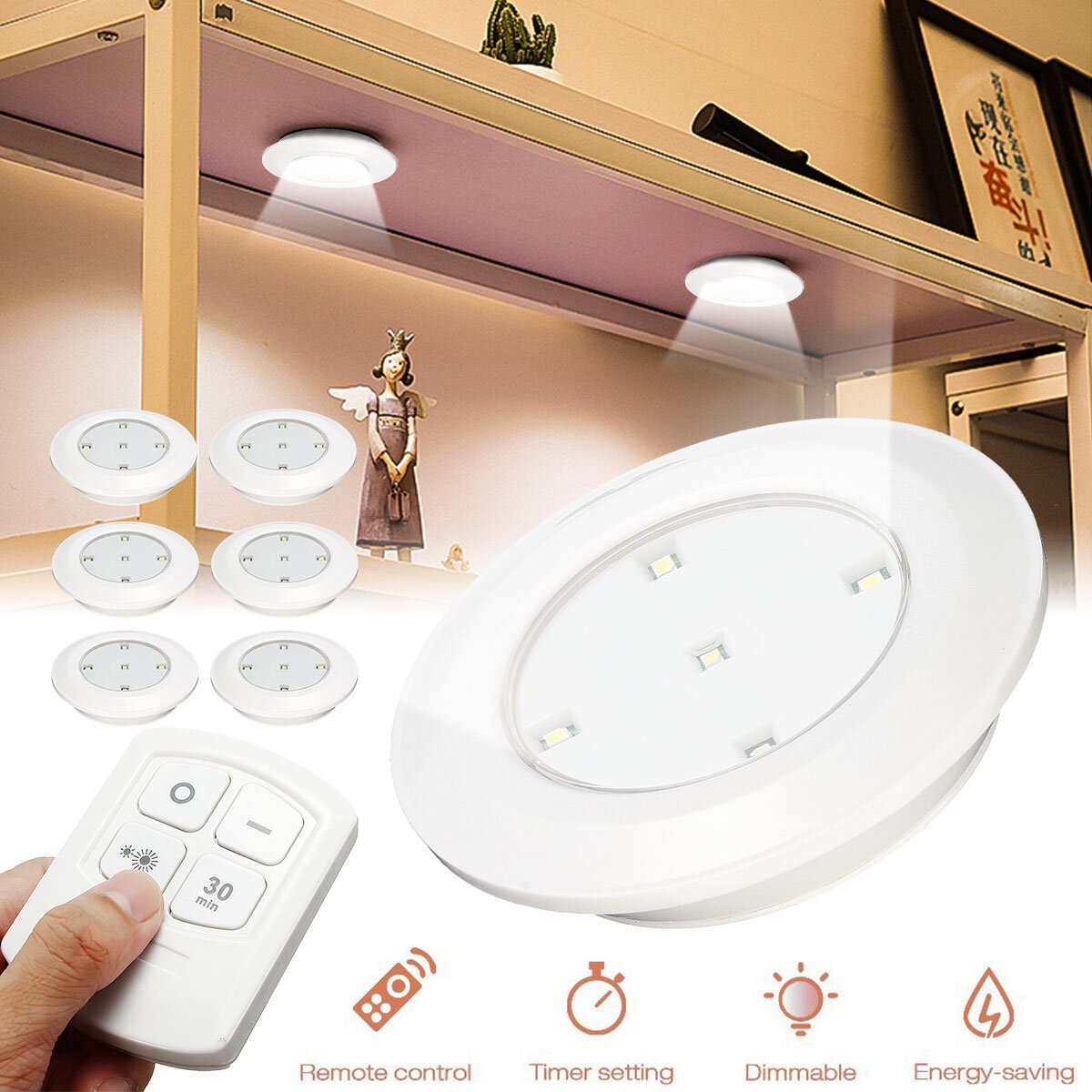 Set 6 Lampi LED Wireless, autoadezive, cu telecomanda, pentru iluminat ...